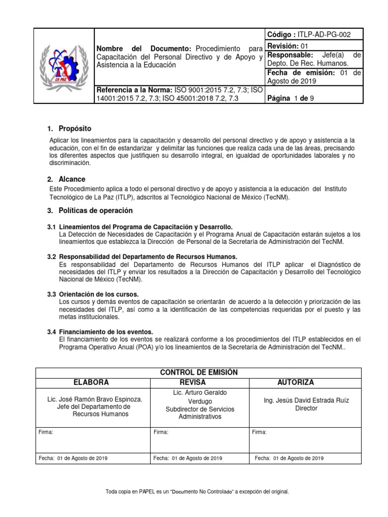ITLP AD PG 001 - Cap - Personal | PDF | Evaluación | Gestión de recursos humanos