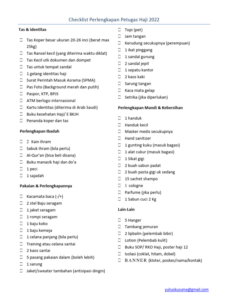 Checklist Perlengkapan Haji 2022 | PDF