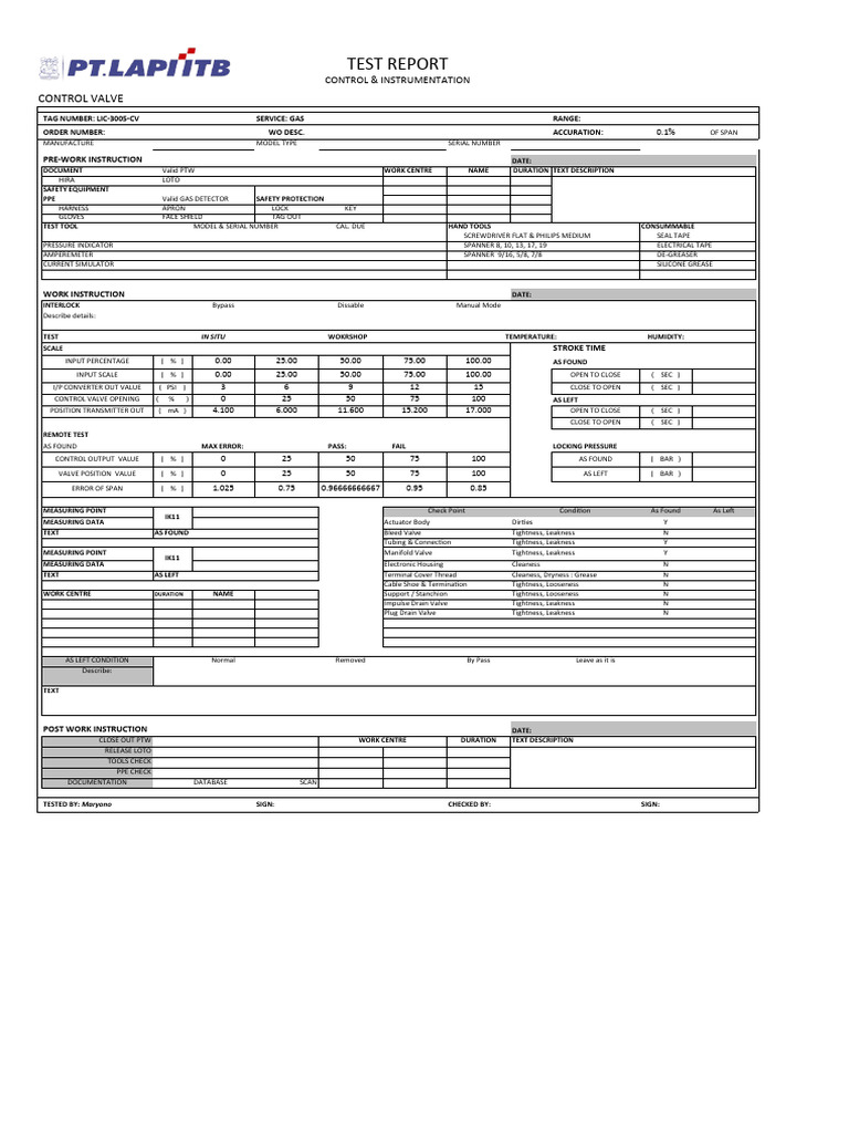 Control Valve Test Report | PDF | Valve | Personal Protective Equipment