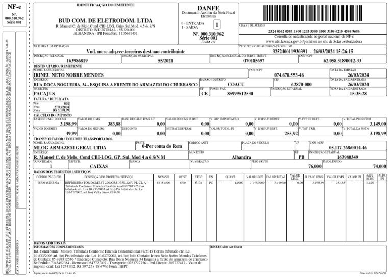 Nota Fiscal Geladeira Brastemp | PDF | Recibo | Business