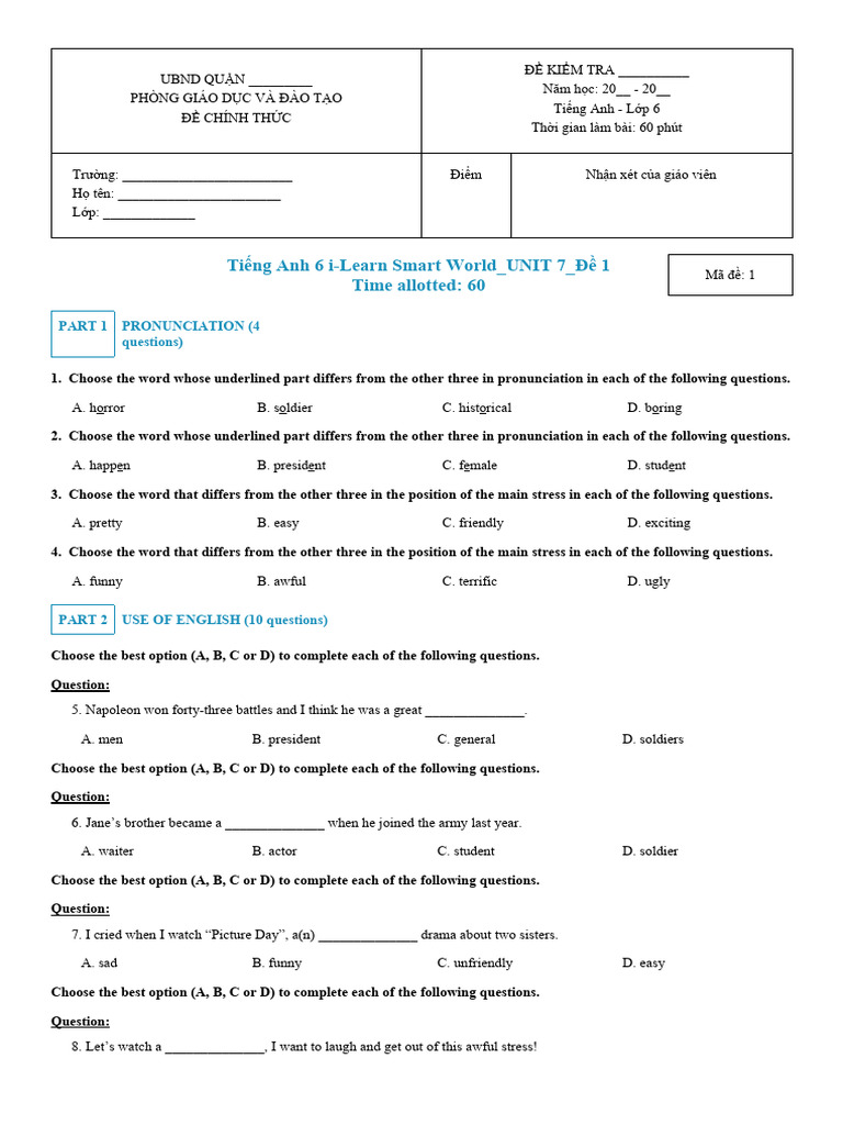 English Test for Grade 6 - Unit 7 | PDF