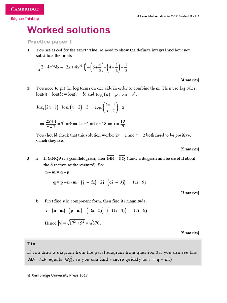 A Level Mathematics For OCR Student Book 1 Practice Paper Solutions ...