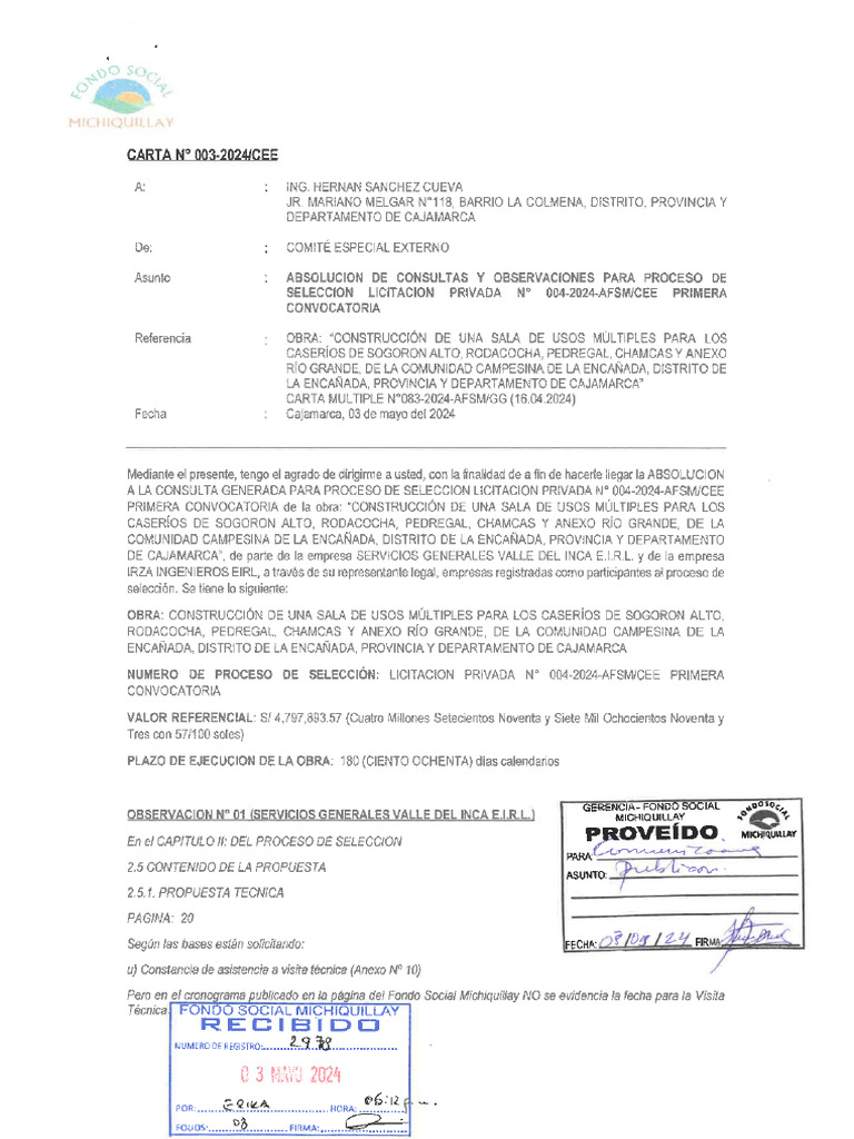 Carta 003 Respuesta Consultas y Observaciones | PDF