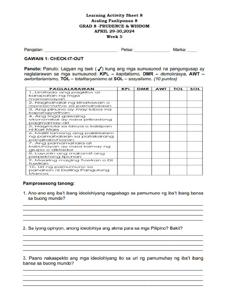 Ideolohiya Activity Sheet | PDF