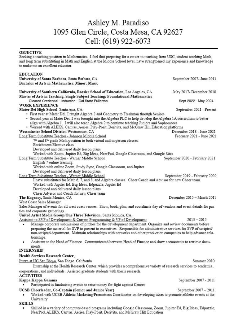 Paradiso Ashley Resume | PDF | Teachers | Middle Schools