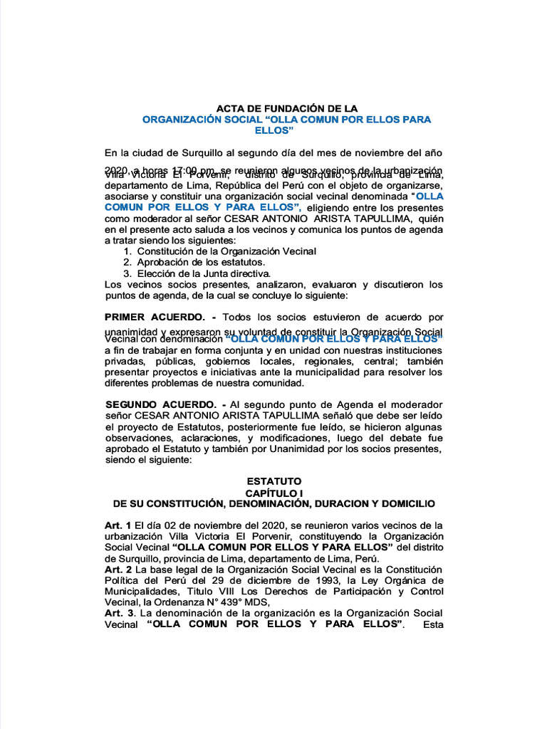 PDF Junta Vecinal Olla Comun Acta de Constitucion - Compress | PDF | Gobierno | Ley politica