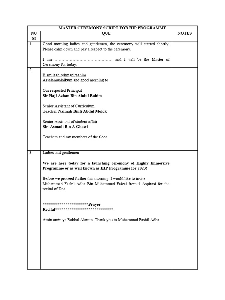 MASTER CEREMONY SCRIPT FOR HIP PROGRAMME v2 | PDF