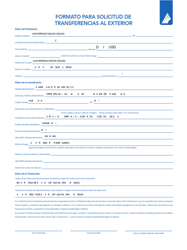 Formulario Solicitud de Transferencias G&TC | PDF | Transferencia bancaria | Tecnología bancaria