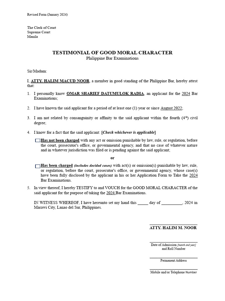 Testimonial of Good Moral Character | PDF | Witness | Testimony