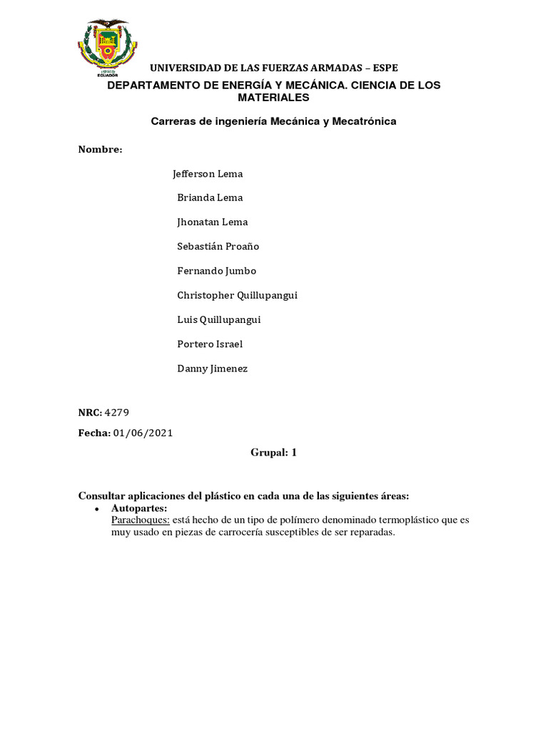 DEBER GRUPAL 1 (1) ciencia de materiales | PDF | Polímeros | El plastico