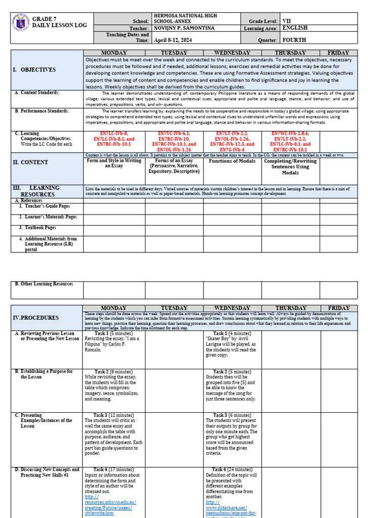 DLL - 4th QRTR - Week 2 | PDF | Learning | Teachers