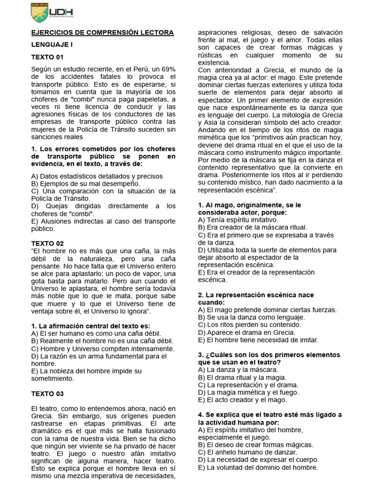 Ejercicios de Comprensión Lectora Lenguaje I | PDF | Arte