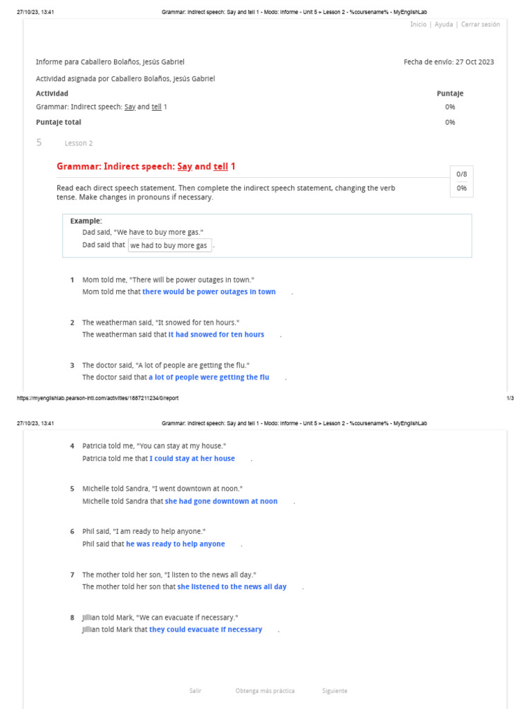 Grammar - Indirect Speech - Say and Tell 1 - Modo - Informe - Unit 5 - Lesson 2 - MyEnglishLab ...