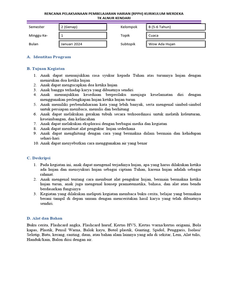 RPPH Tema Cuaca untuk TK Alnur | PDF