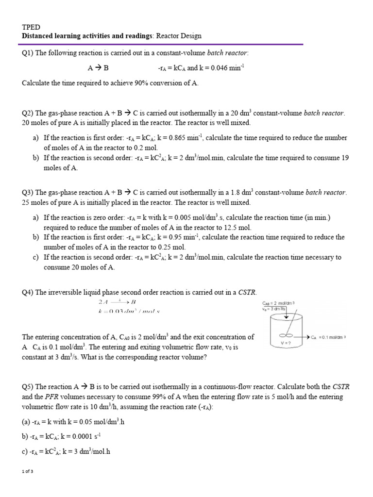 Reactor Design Calculations and Exercises | PDF | Chemical Reactor ...