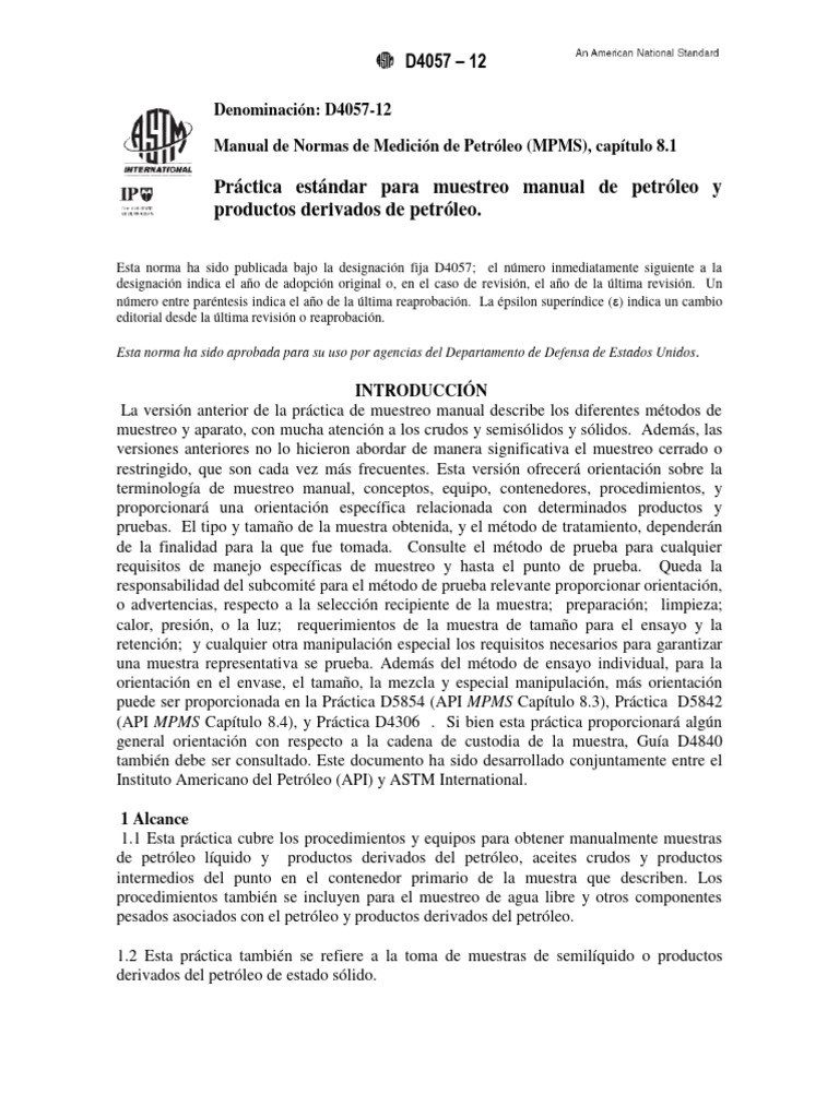 Muestreo Manual de Petróleo ASTM D4057-12 | PDF | Petróleo | Agua