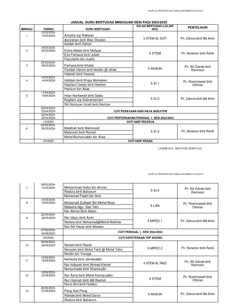 Jadual Guru Bertugas Sesi Pagi 20242025 | PDF