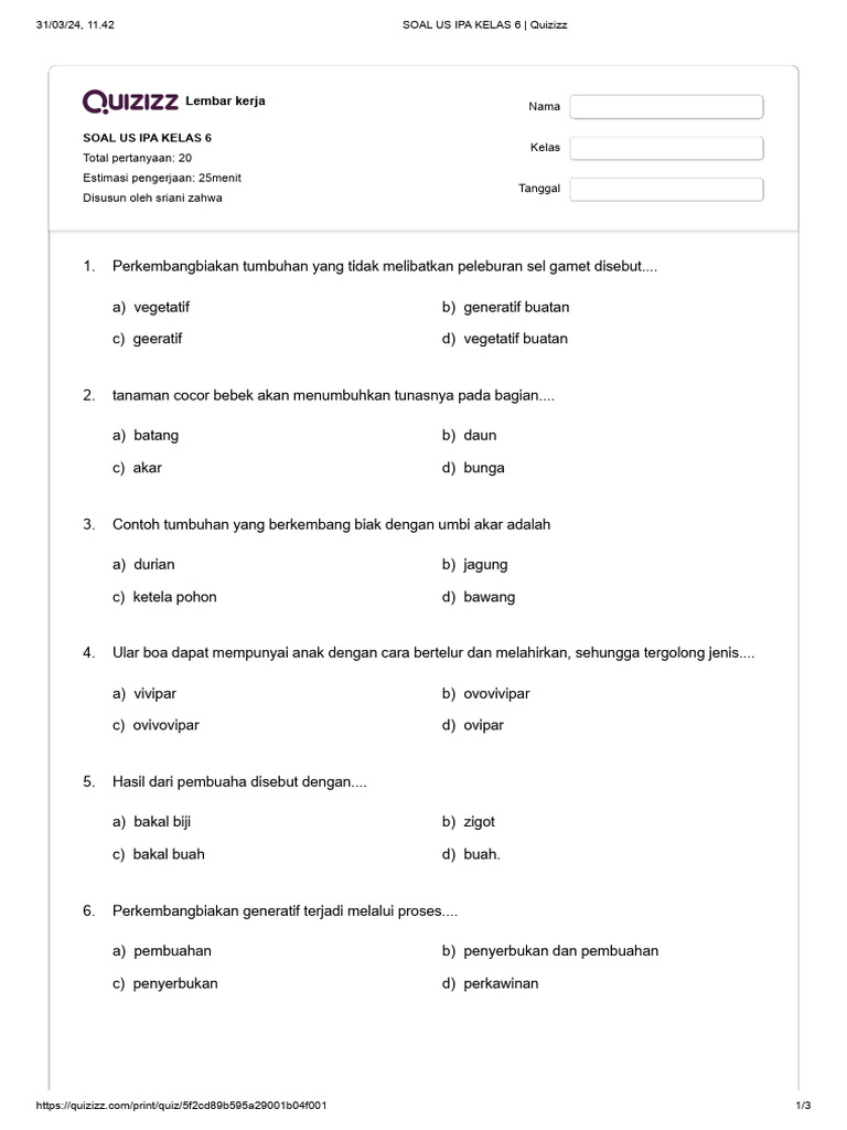 SOAL US IPA KELAS 6 _ Quizizz | PDF