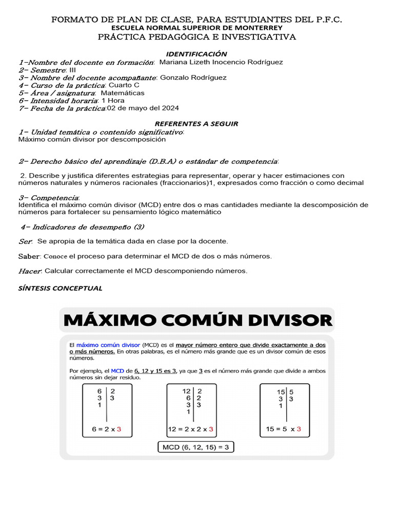 Plan de Clase MATEMATICAS MAXIMO COMUN DIVISOR | PDF | Número primo | Aritmética