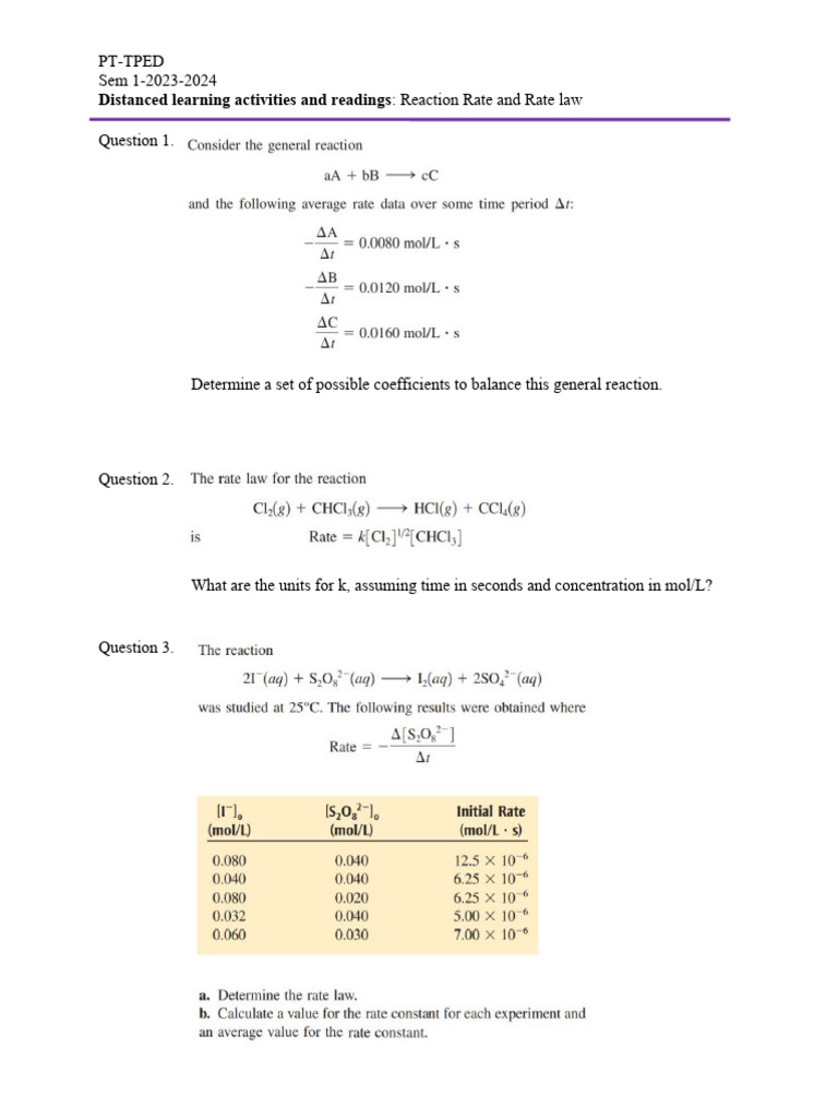 Reaction Rate and Rate Law Activities | PDF