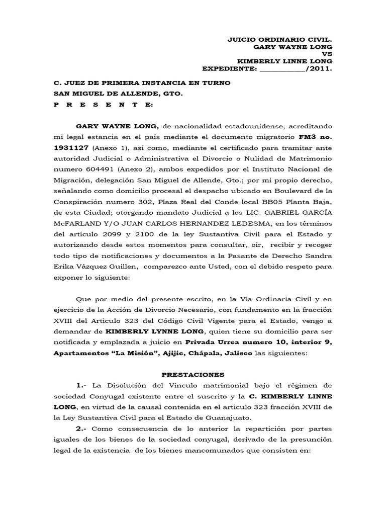 Demanda Inicial de Divorcio | PDF | Divorcio | Propiedad de la comunidad