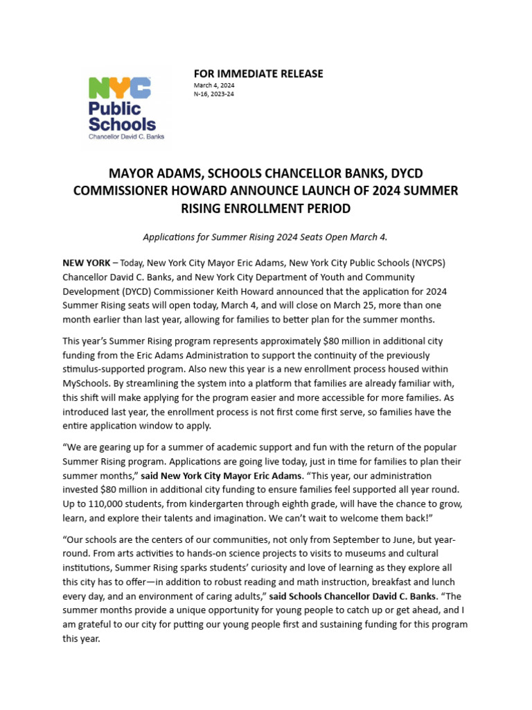 Press Release N-16 2023-24 (Mayor Adams, Schools Chancellor Banks, DYCD ...