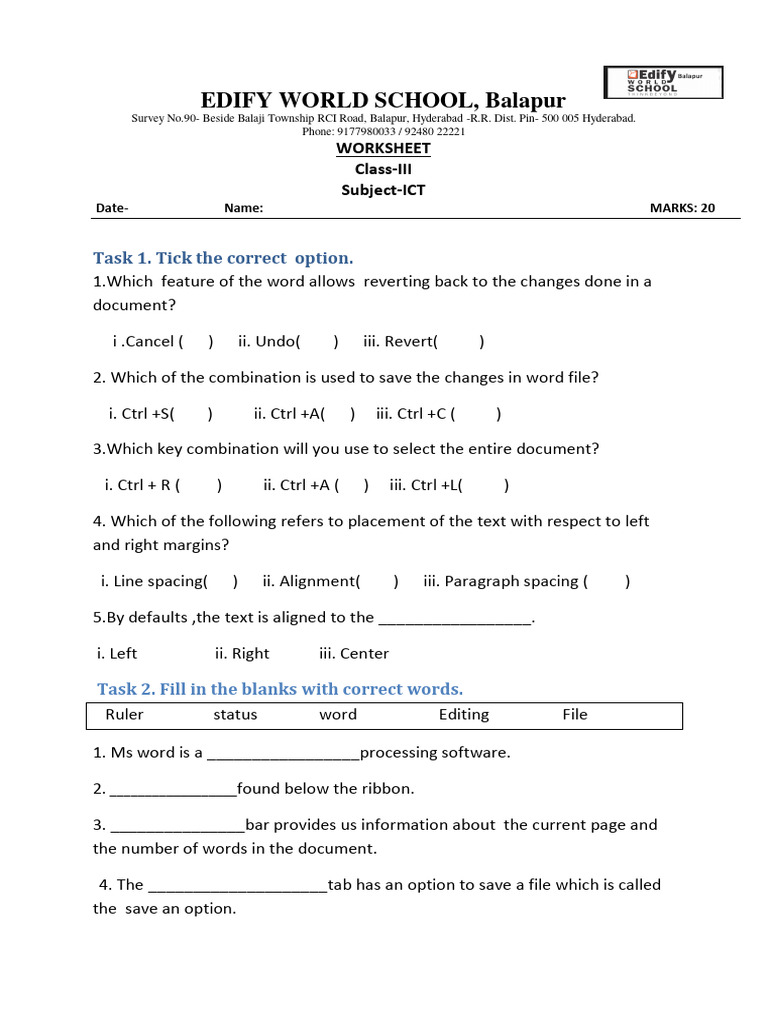Class 3 MS Word Worksheet | PDF | Microsoft Word | Software