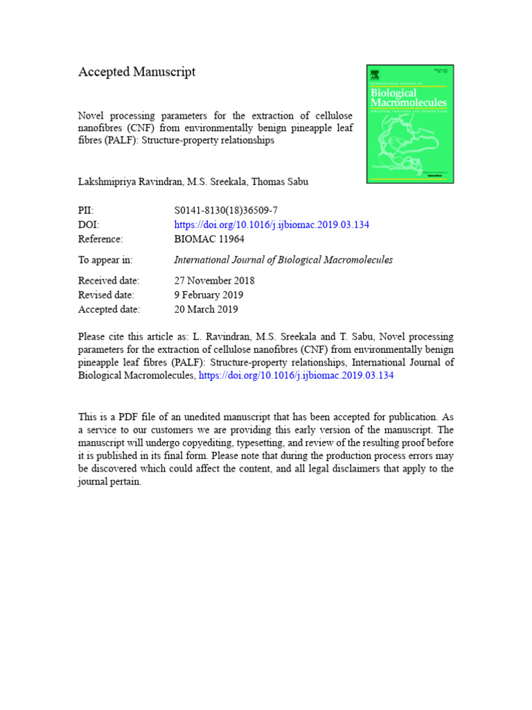 Novel Processing Parameters For The Extraction Of Cellulose Pdf