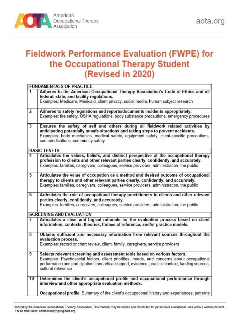Fieldwork Performance Evaluation Occupational Therapy Student | PDF ...