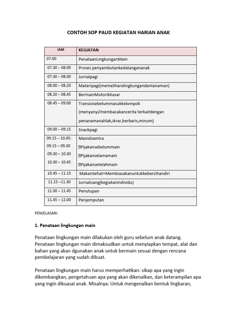 Contoh Sop Paud Kegiatan Harian Anak | PDF