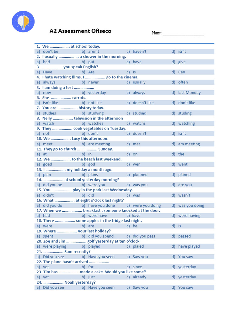 Grammar A2 Level Test | PDF