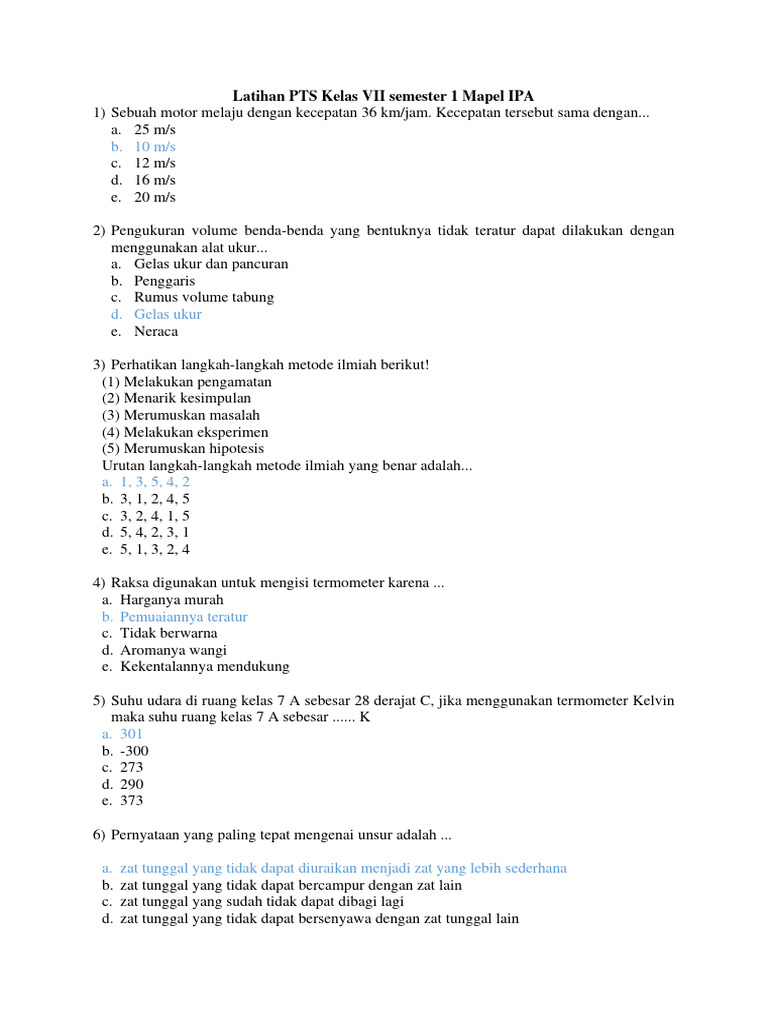 Latihan PTS Kelas VII Semester 1 Mapel IPA | PDF