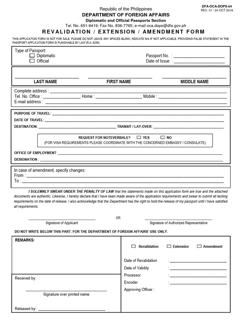 DOPS Revalidation Extension Amendment Form Rev24Oct2018 | PDF | Passport | Travel Visa