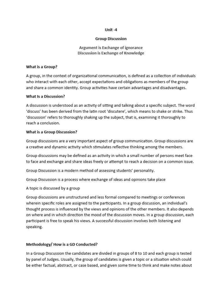 Study Material Life Skills Unit 4 Group Discussion | PDF | Thought | Leadership