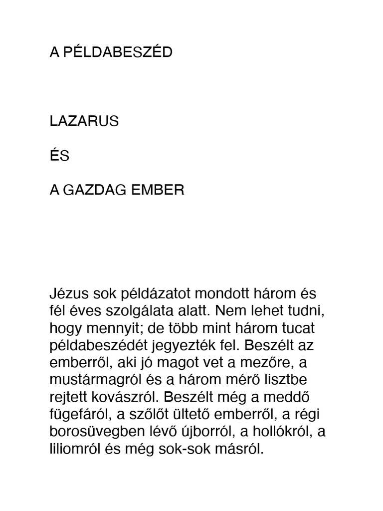 A PÉLDABESZÉD LAZARUS ÉS A GAZDAG EMBER | PDF