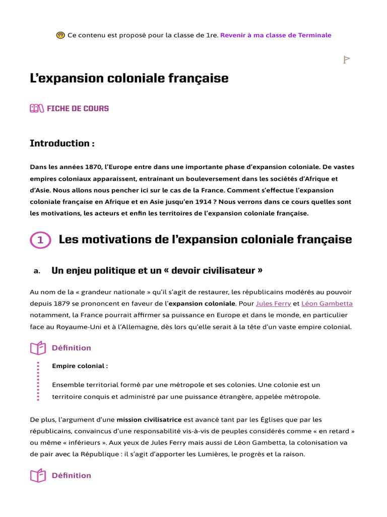 L'expansion Coloniale Française Fiche de Cours | PDF | Colonisation ...