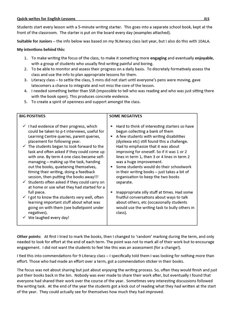 Quick Writes For English Lesson Starters JLS | PDF