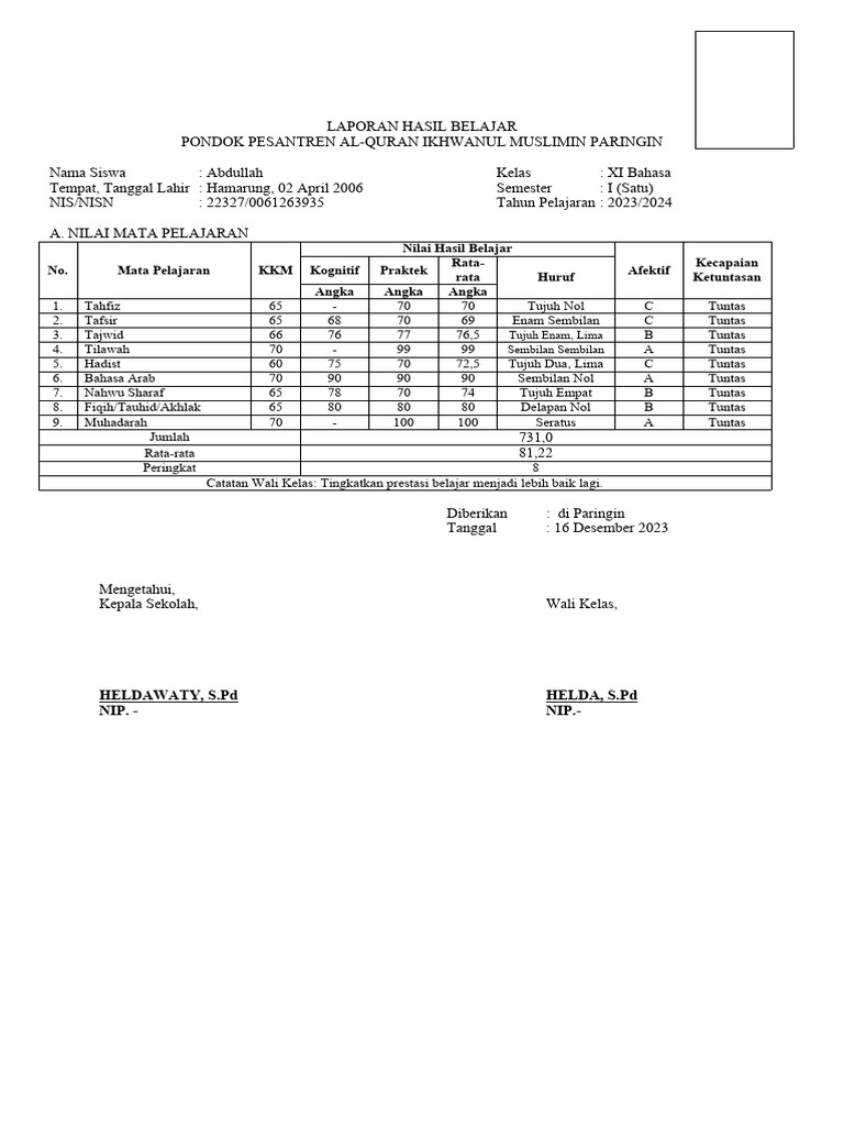 RAPOT PONDOK 2023 Depan Kelas XI Semesr 1 | PDF