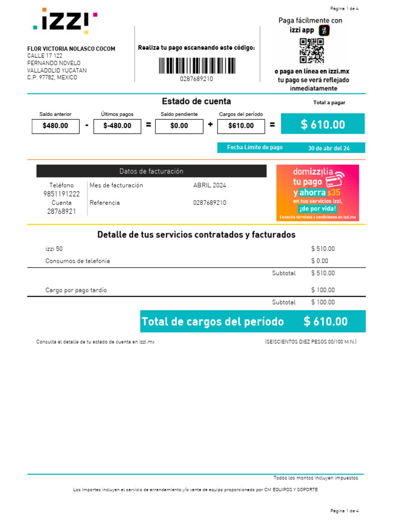Comprobante Internet Izzi | Descargar gratis PDF | Telecomunicaciones ...