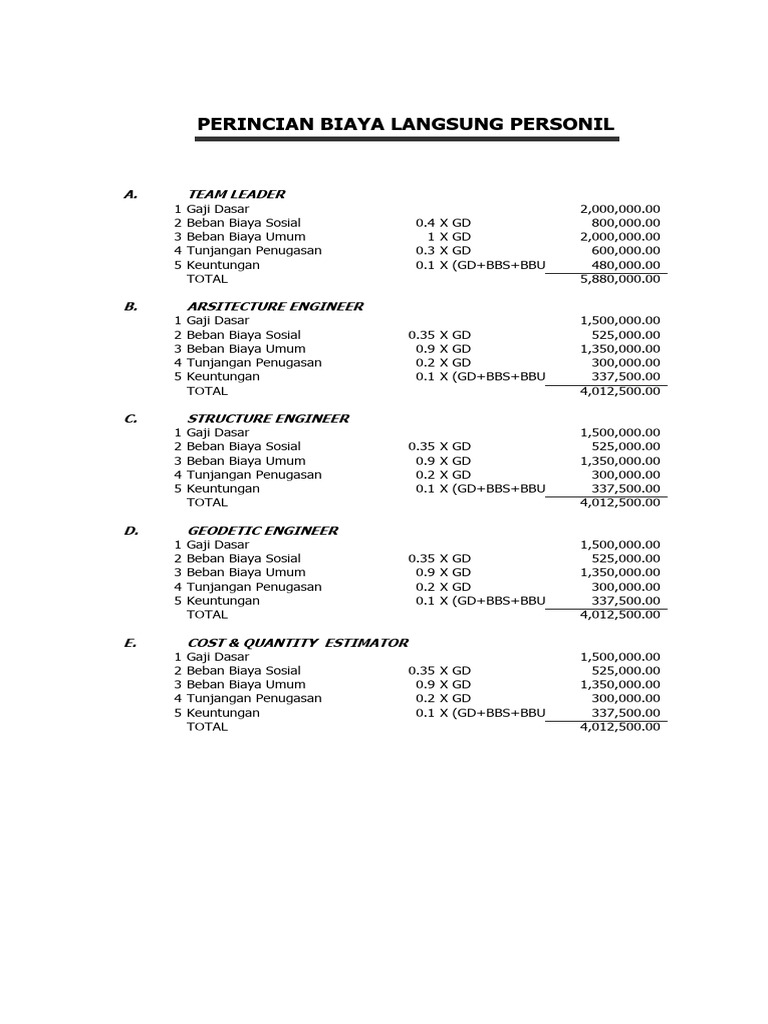 Perincian Biaya Langsung Personil: A. Team Leader | PDF