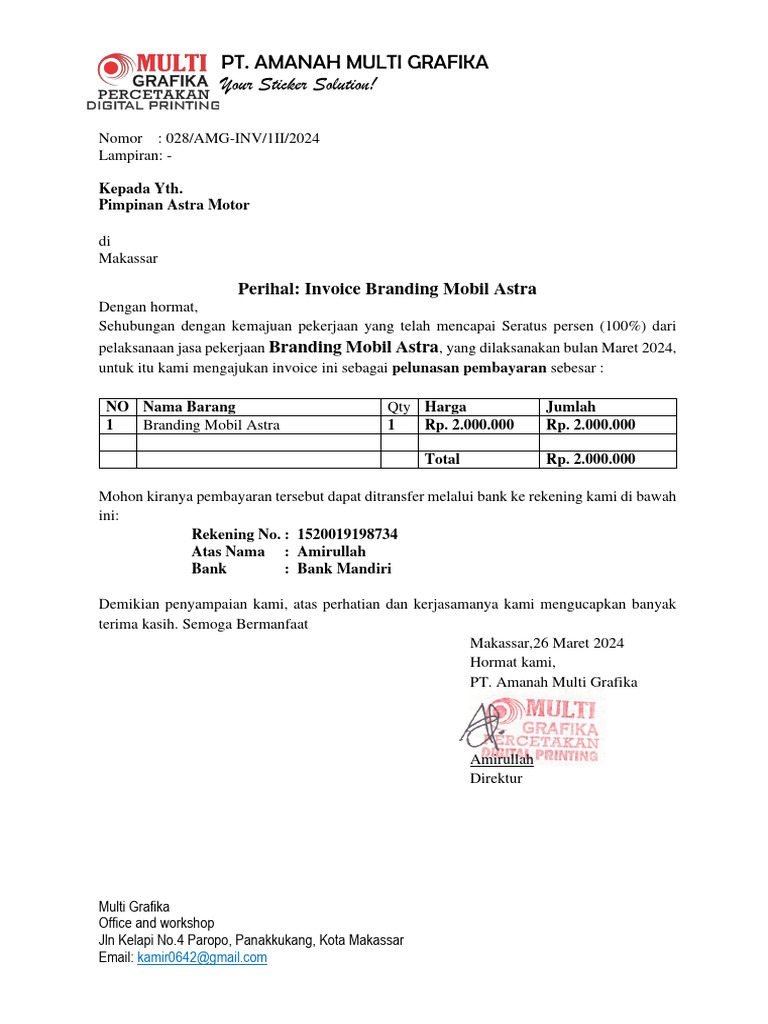 A 08 Invoice ASTRA-1 | PDF