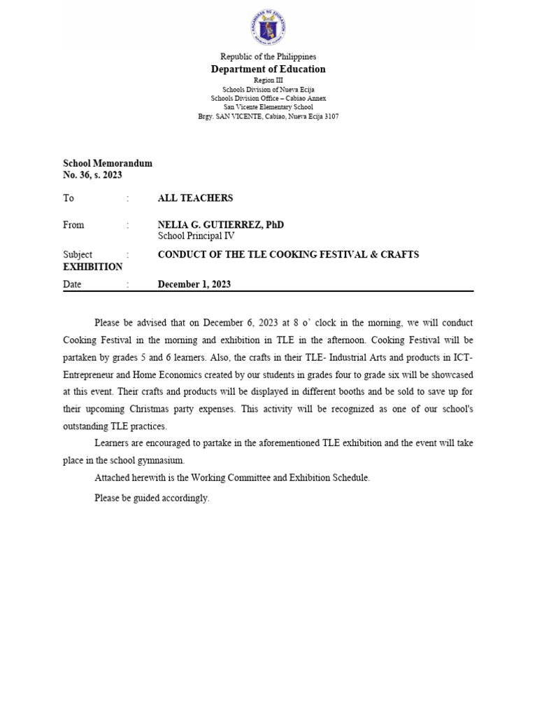 School Memo-TLE COOKING FESTIVAL & EXHIBIT-December 6, 2023 | PDF ...