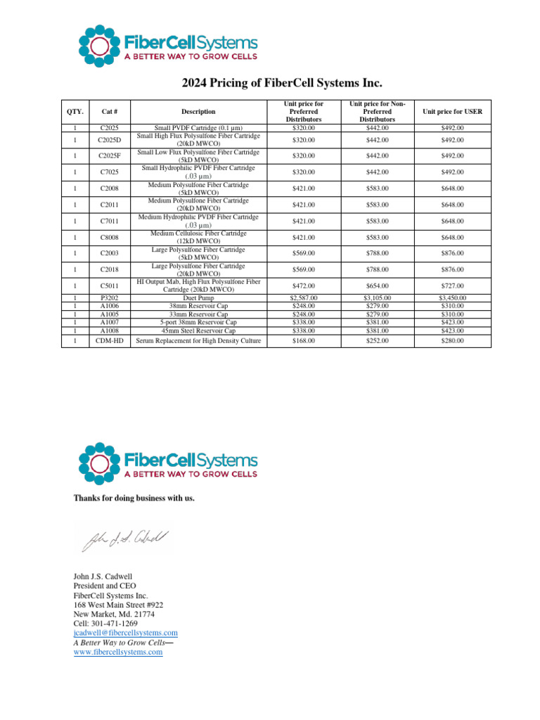 FiberCell Systems 2024 Pricing | PDF | Materials | Polymers