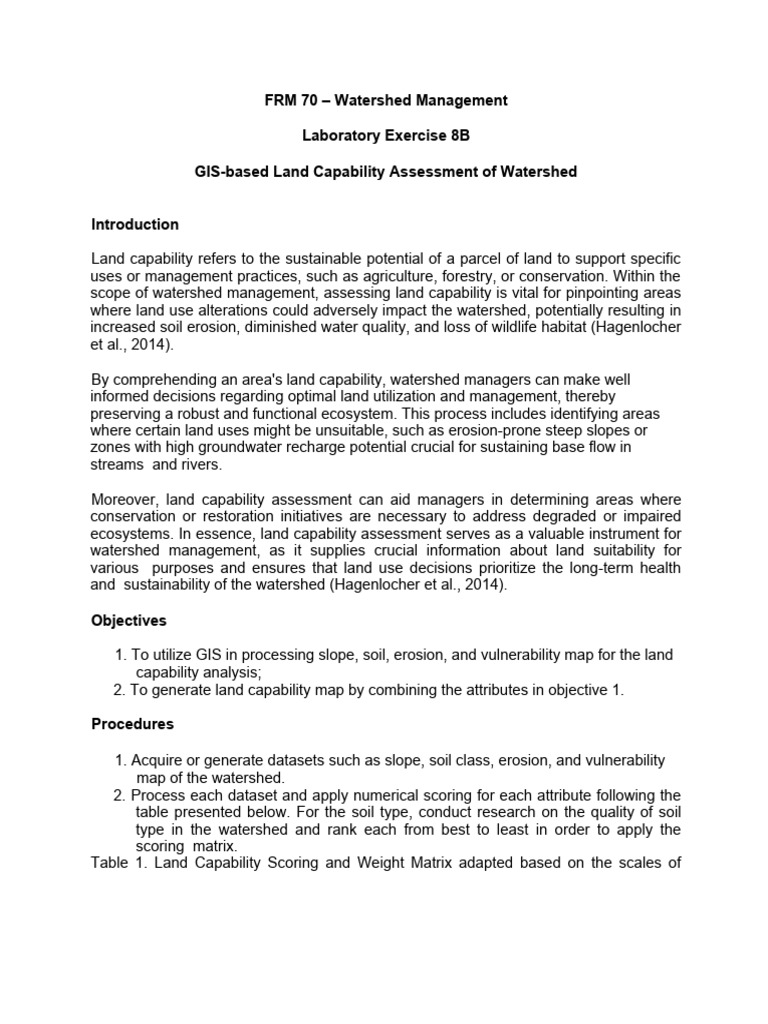 Laboratory Exercise 8B - Land Capability Assessment of Watershed | PDF ...