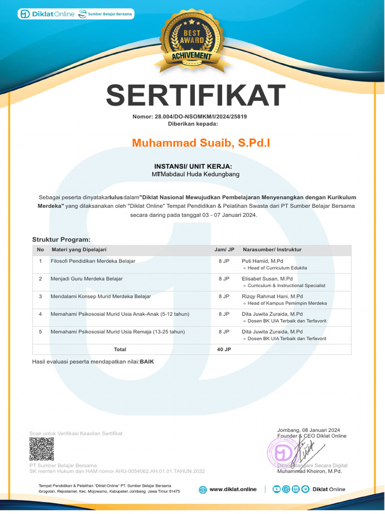 Sertifikat Muhammad Suaib 40 JP | PDF