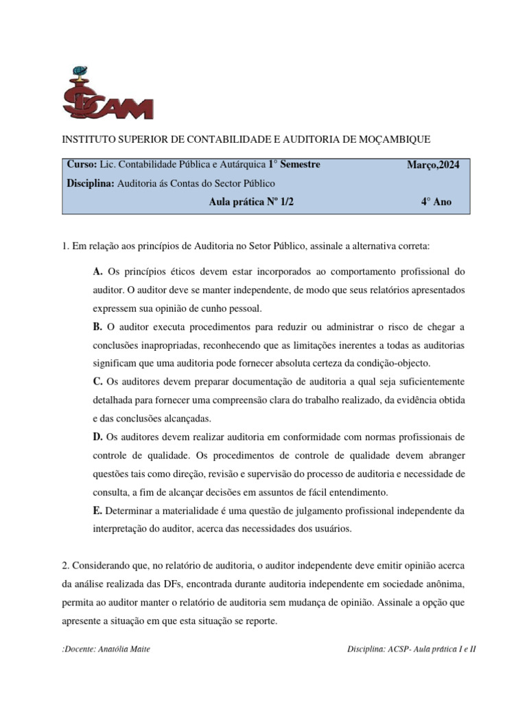 Prova 2 Auditoria | PDF | Contabilidade | Auditoria interna