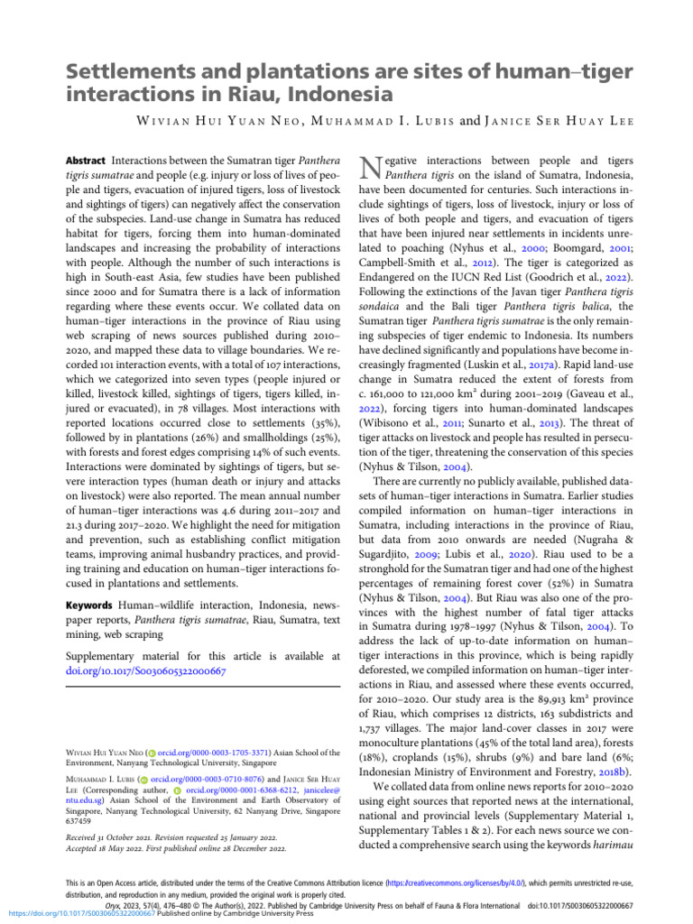 Human-Tiger Interactions in Riau | PDF | Tiger | Natural Environment