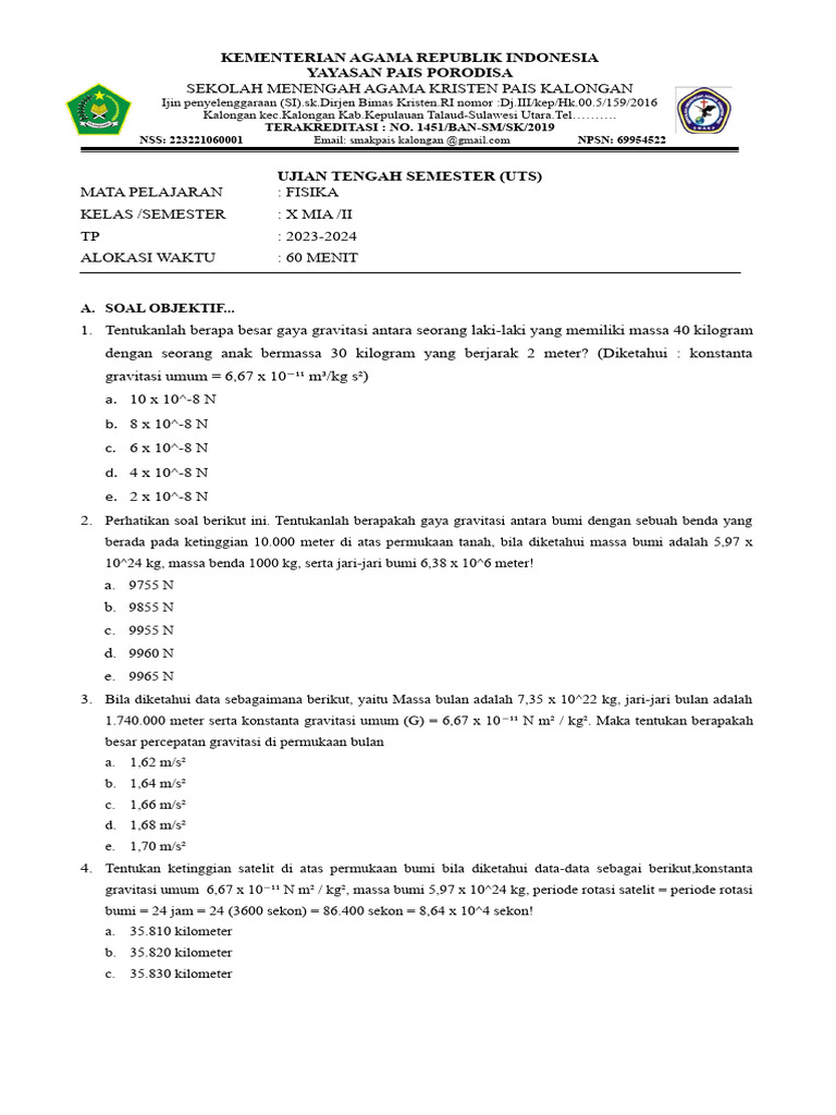 Soal Uts Gravitasi Hukum Keppler Dan Newton 2024 | PDF