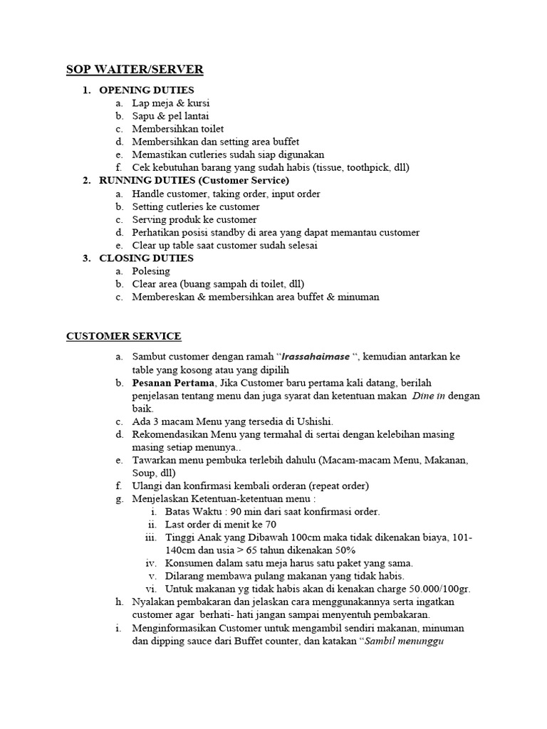 Sop Waiters | PDF | Memasak, Makanan, & Anggur | Kesehatan Holistik