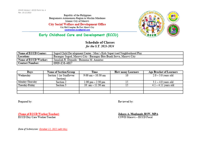 Form 4 ECCD Schedule of Classes | PDF